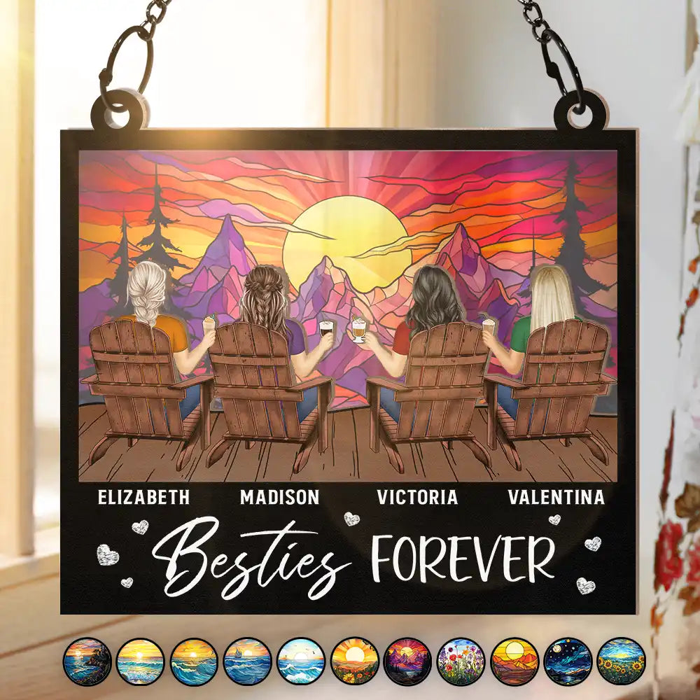 Sunset Besties Sisters Sitting Together - Personalized Window Hanging ...