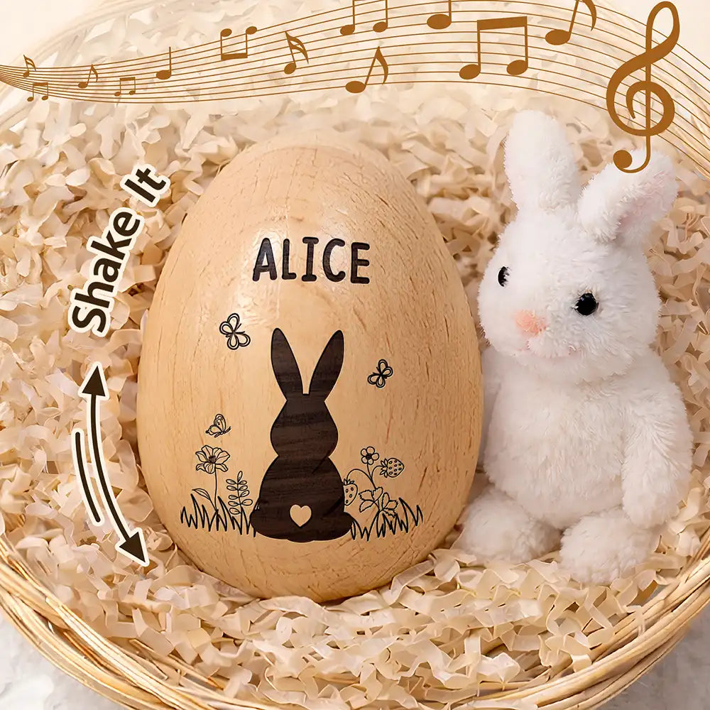 Bunny With Spring Flowers - Personalized Musical Wooden Easter Egg Sha ...