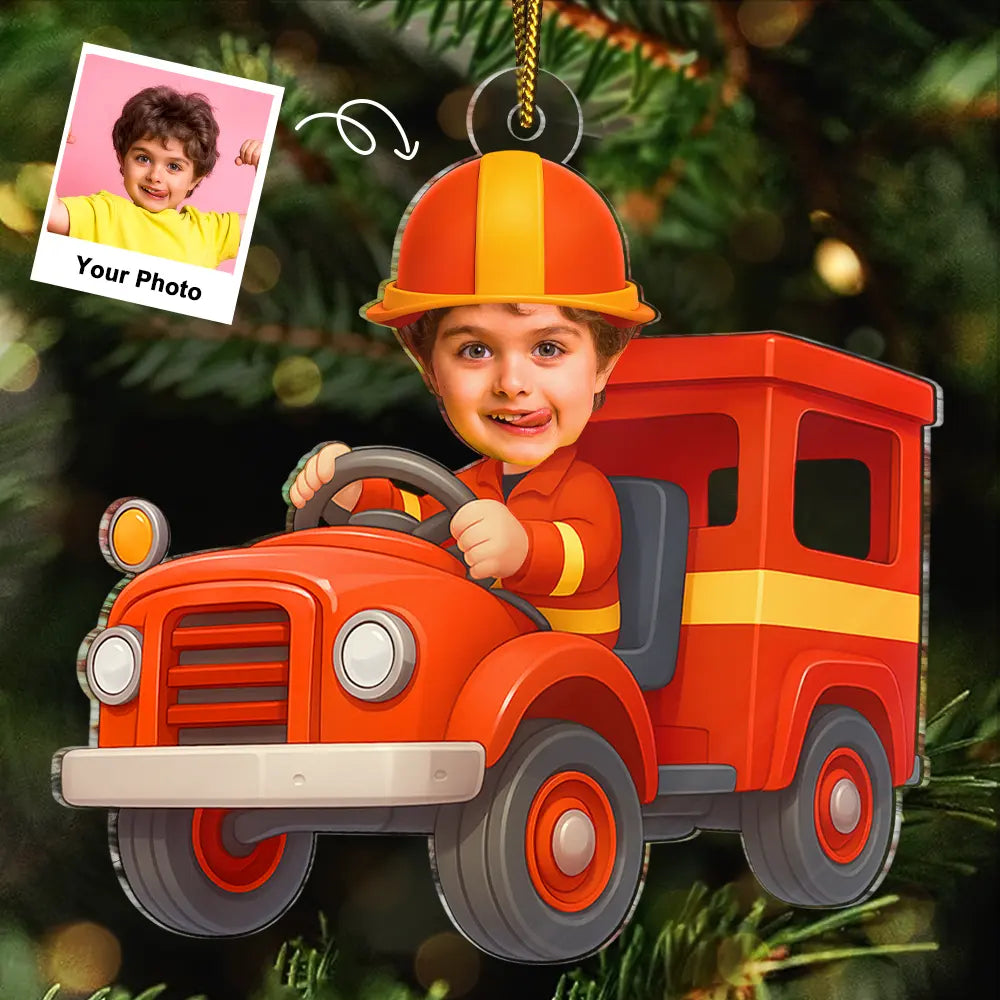 Custom Photo Kid Riding Fire Truck - Personalized Acrylic Photo Orname ...