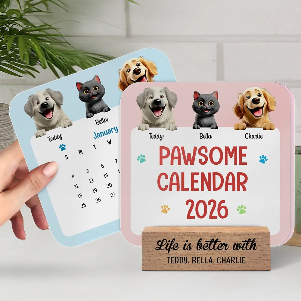 Cute Dog And Cat 3D Effect 2026 - Personalized Calendar With Wooden St ...