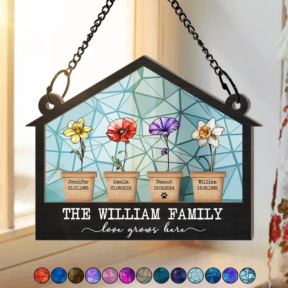 Birth Flower Family Love Grows Here - Personalized Window Hanging Sunc ...
