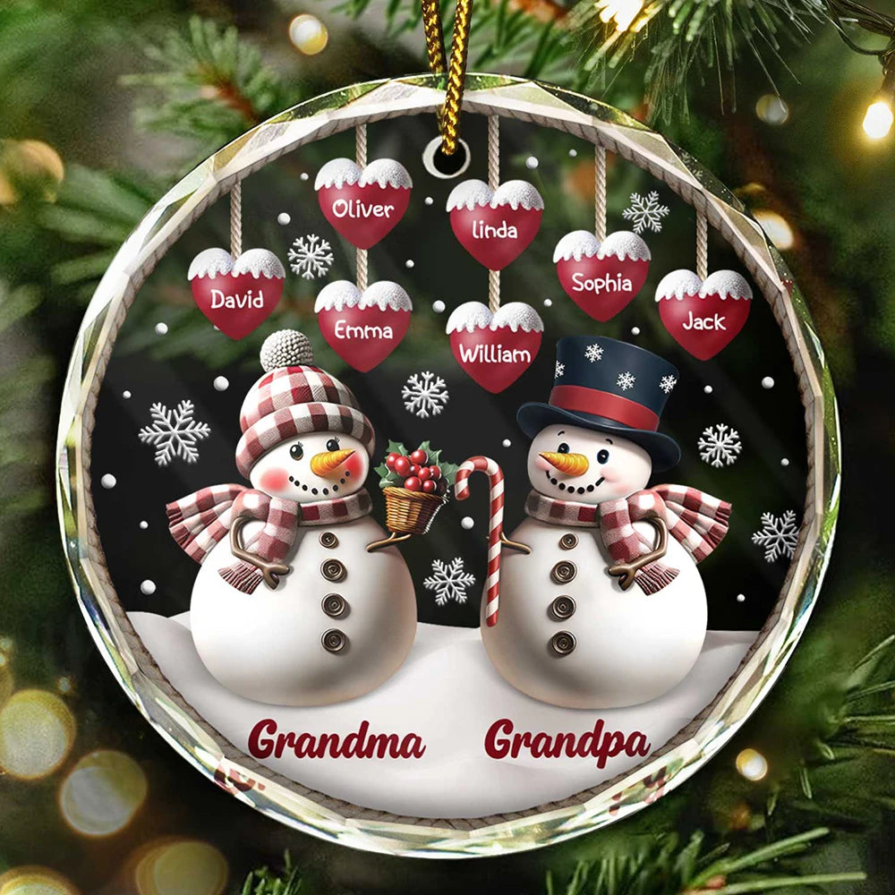 Snowman Grandma Grandpa Grandkids - Personalized Circle Glass Ornament – Wander Prints