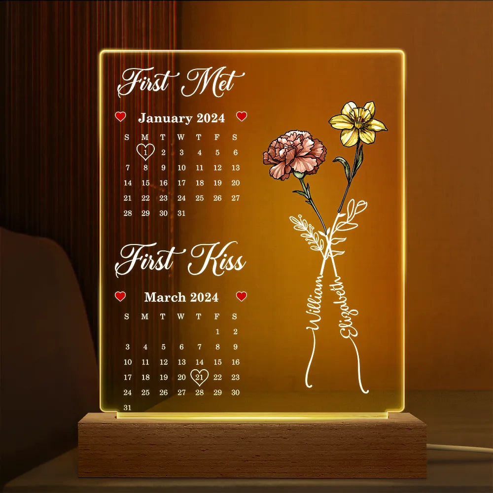 Calendar Birth Flowers First Met First Kiss - Personalized 3D Led Ligh ...