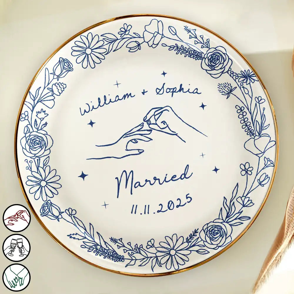 Toile De Jouy Engaged Married Couple Hands - Personalized Round Ring D ...